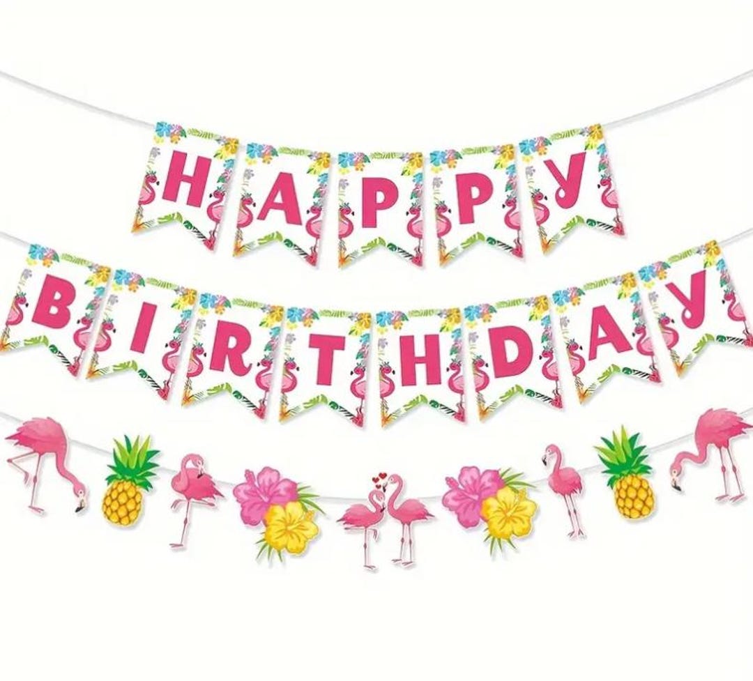 Flamingo Tropical Birthday Banner Set - Colorful Pineapple and Hibiscus ...