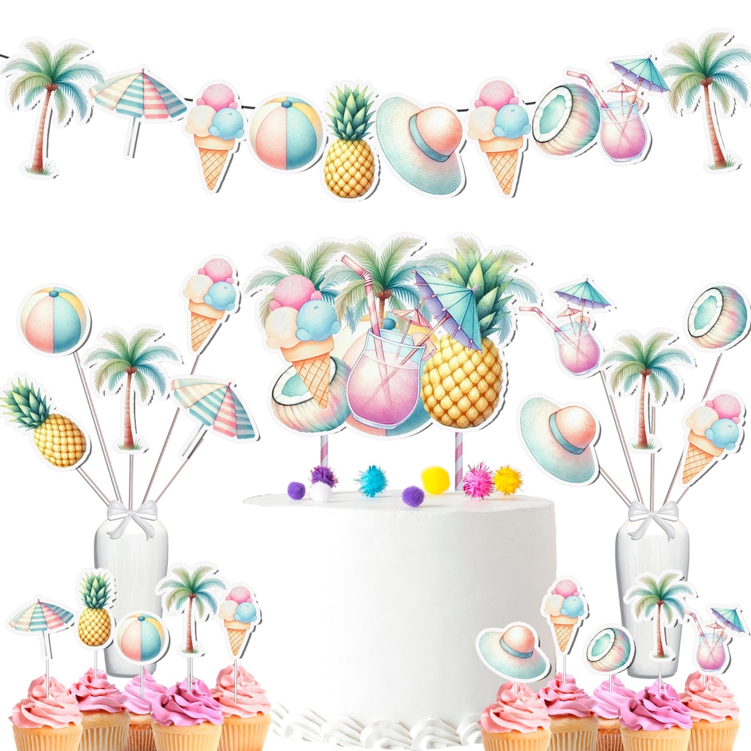 Tropical Pool Party Decoration Set Beachy Banners, Cake Toppers, and ...