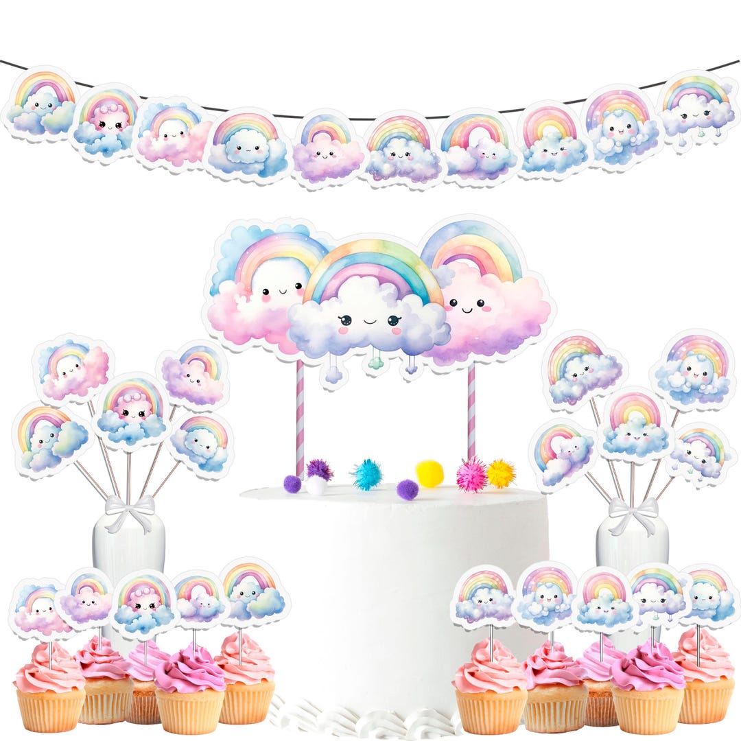 Rainbow Cloud Party Decor Set With Cake Topper, Cupcake Toppers, Banner, and Centerpieces - Etsy