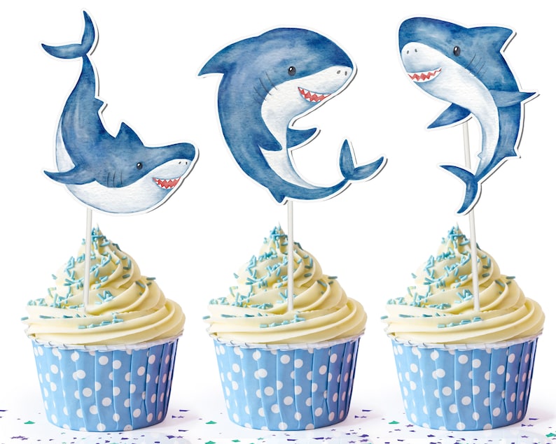 10 PCS Party Shark Ocean Animal Cupcake Toppers - Dive Into Oceanic ...
