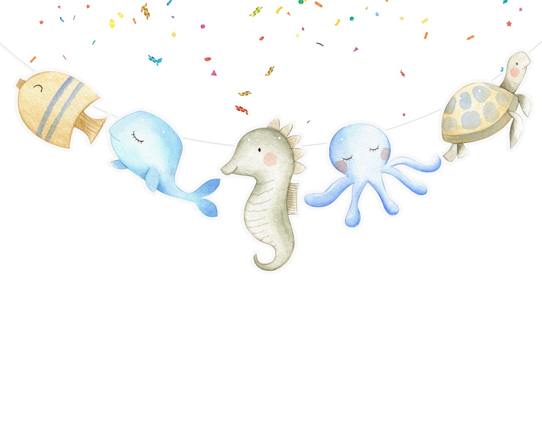 Under the Sea Birthday Banner Cute Watercolor Ocean Party Supplies Baby ...