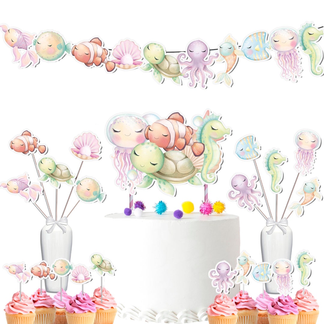 Ocean Party Decoration Set - Includes Cake Topper, Cupcake Toppers ...