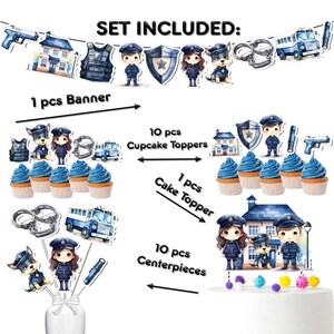 Police Party Decor Set With Cake Topper, Cupcake Toppers, Banner, and ...
