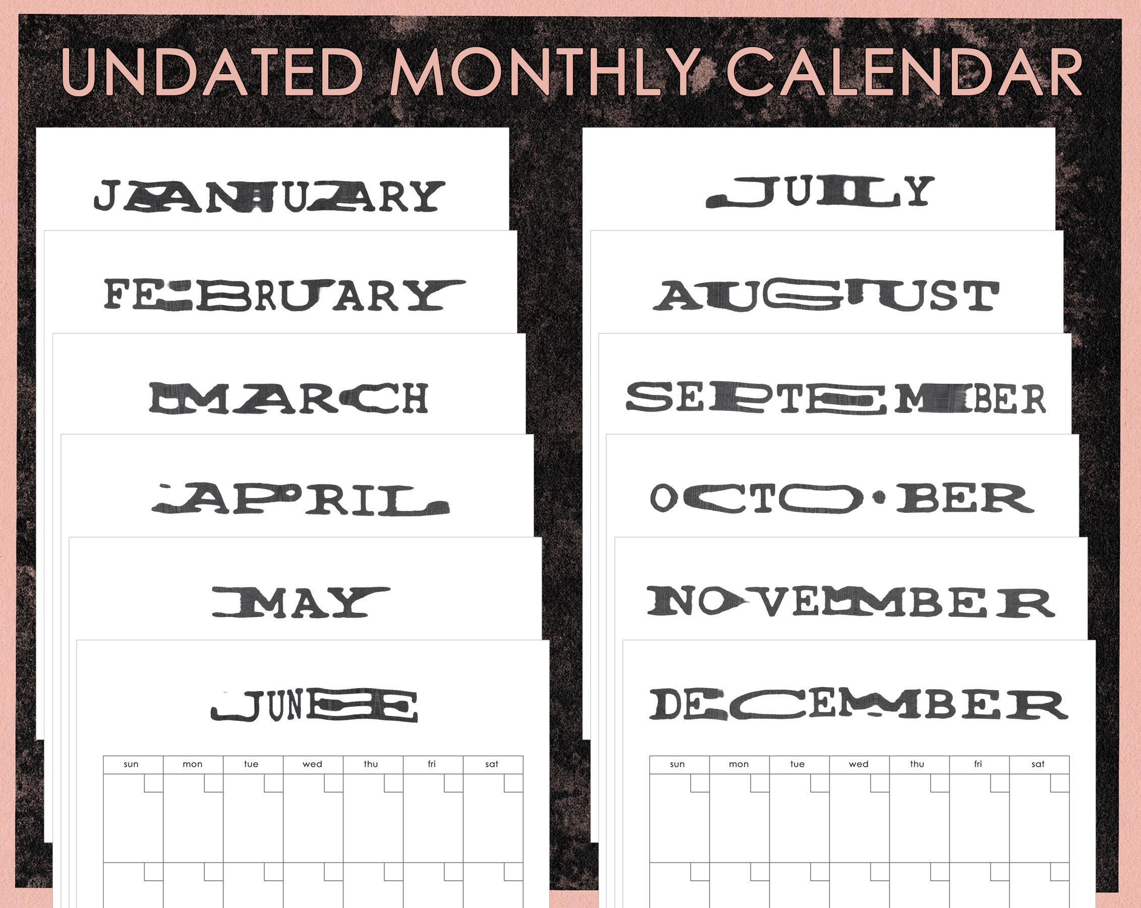 Wavy Font Monthly Calendar Printable Undated Blank / Sunday Monday ...