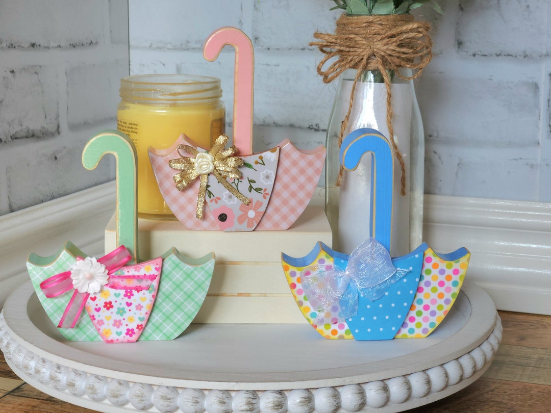 Spring Tiered Tray Decor, Umbrella Decor, Rain Decor, Wooden Umbrella ...