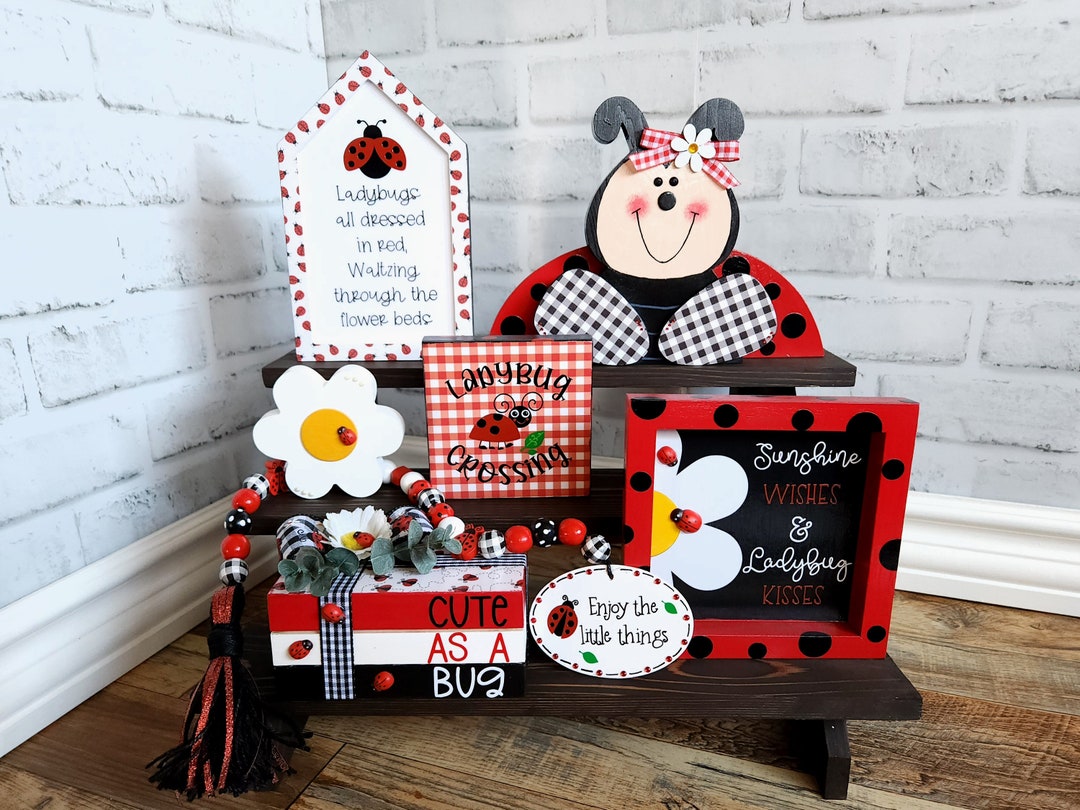 Ladybug Tiered Tray Decor, Wood Ladybug Decor, Wood Flower Decor ...