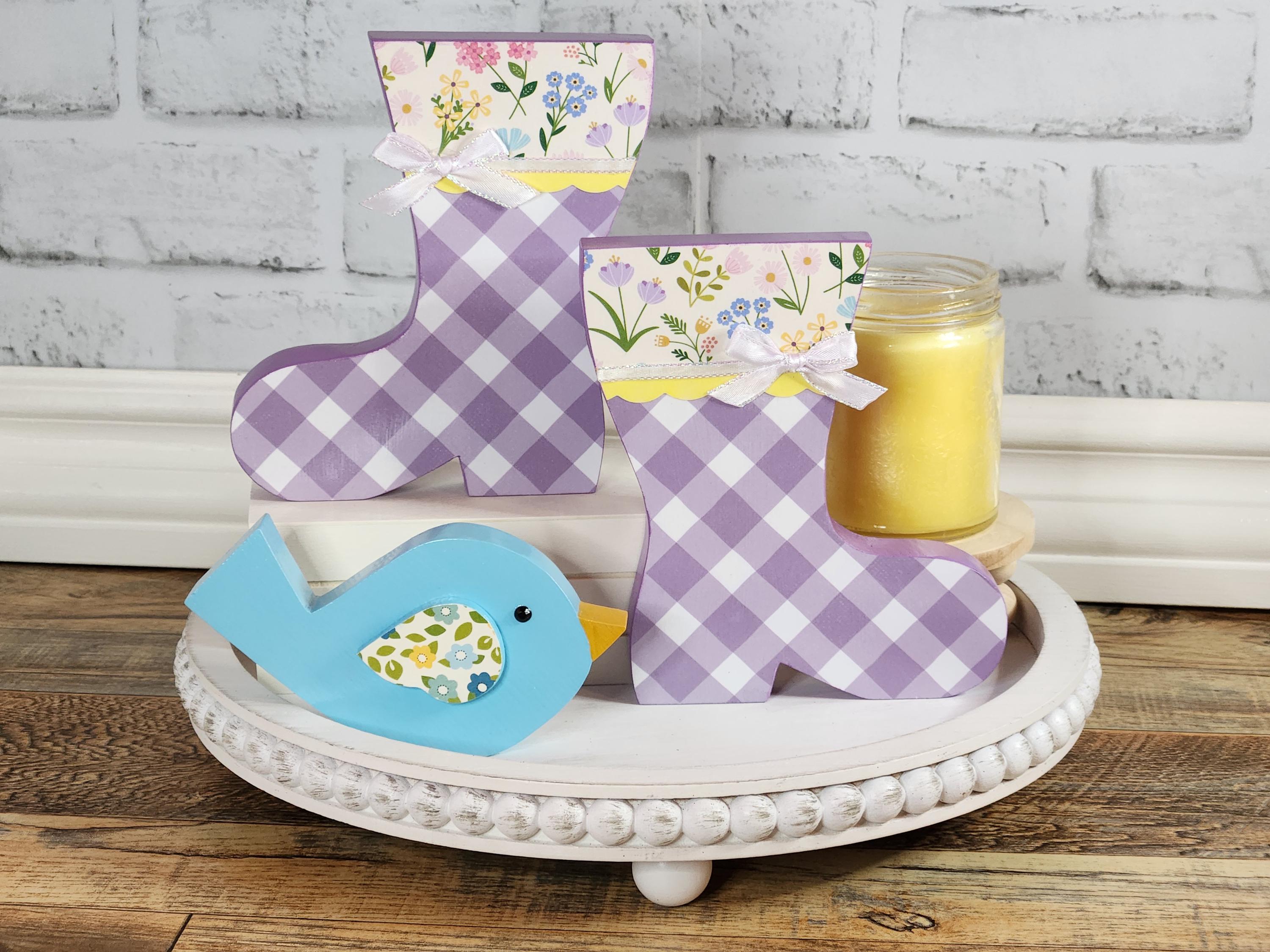 Spring Tiered Tray Decor, Wooden Rain Boots, Spring Rain Boots, Spring ...
