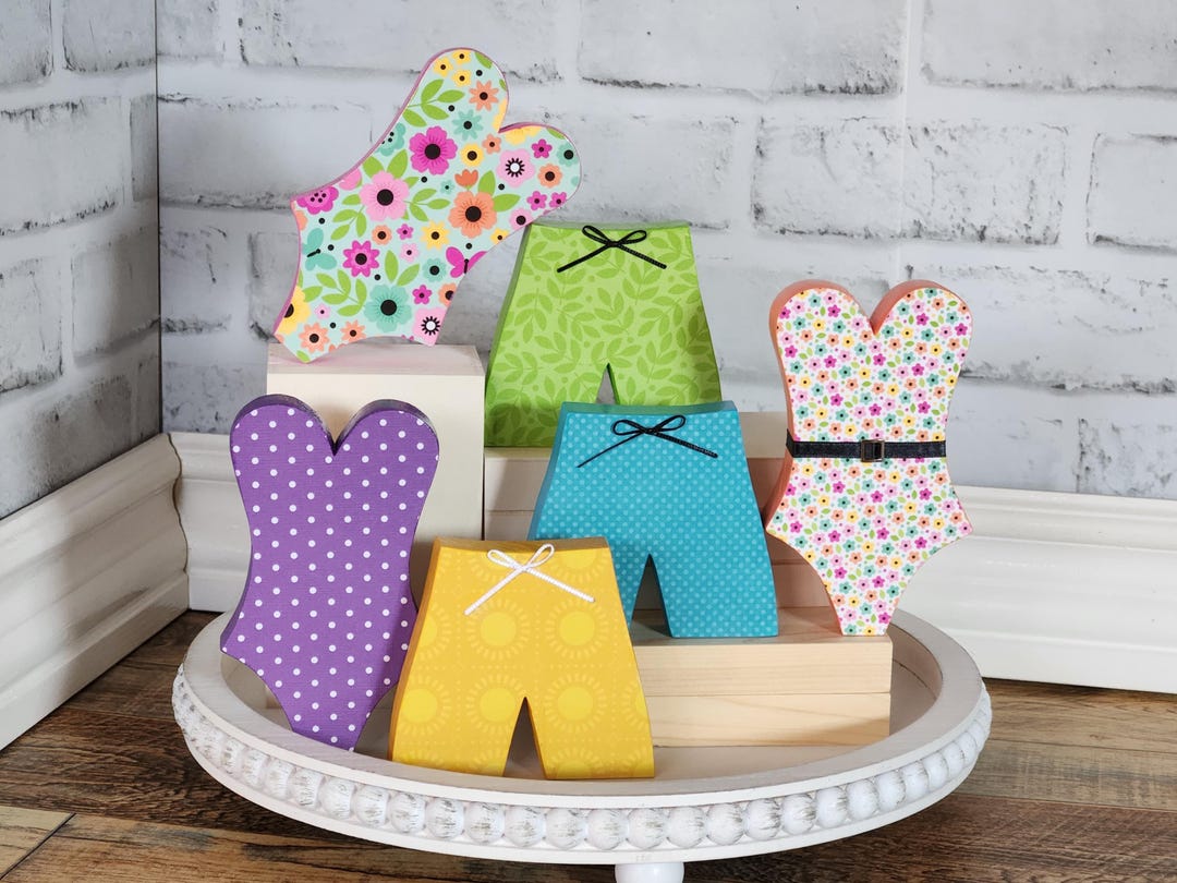 Wood Swim Suits, Wood Bathing Suits, Summer Decor, Tiered Tray Decor ...