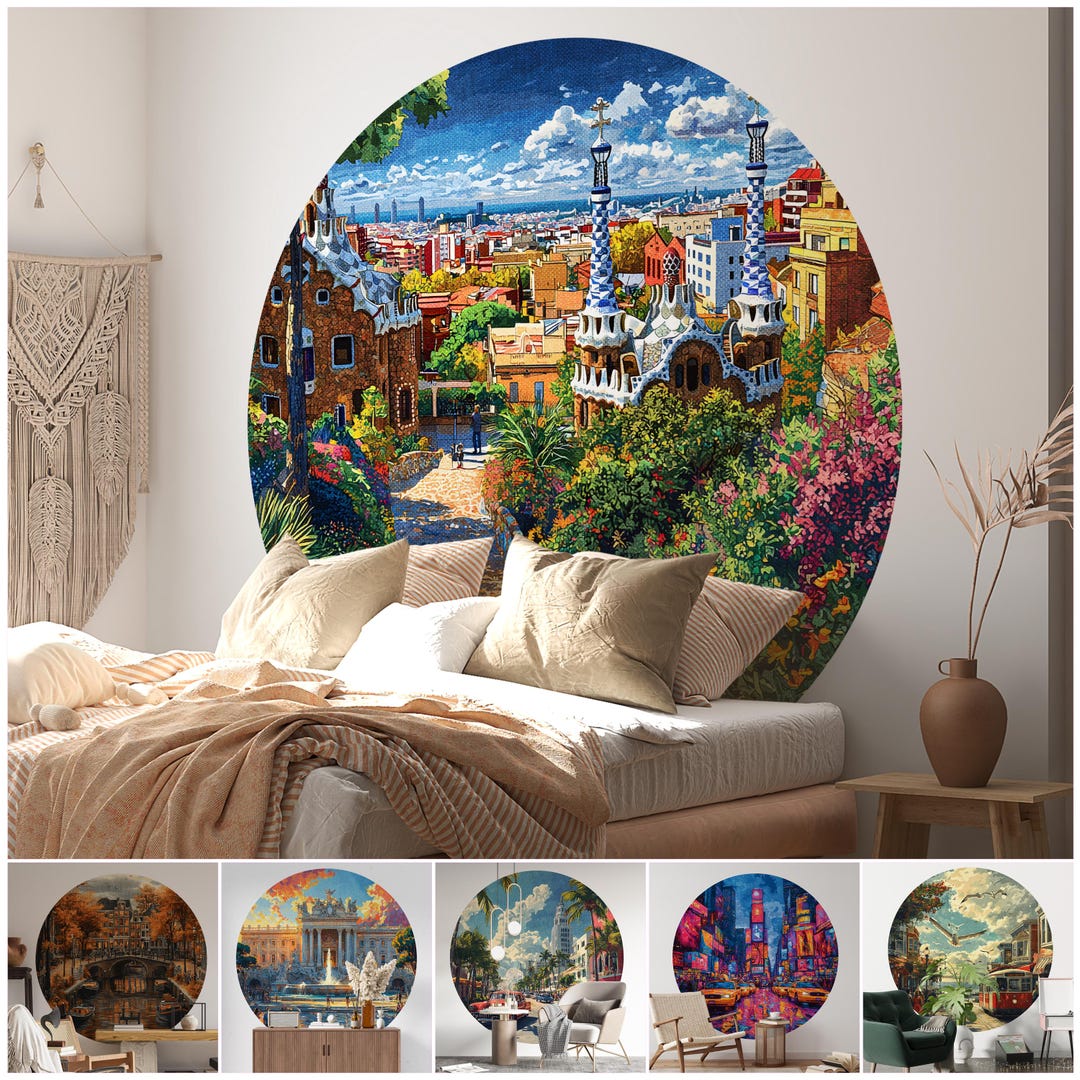 Cityscape Round Wallpaper, Circular Wallpaper, Peel N Stick, Wall Art ...