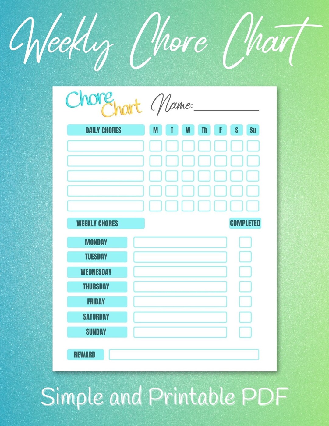 Kids' Chore Chart Weekly Chore Chart Daily Chore Chart Printable PDF ...