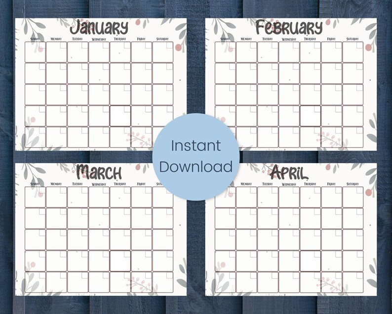 Monthly Calendar Printable Cute 12 Month Calendar Any Year Calendar ...