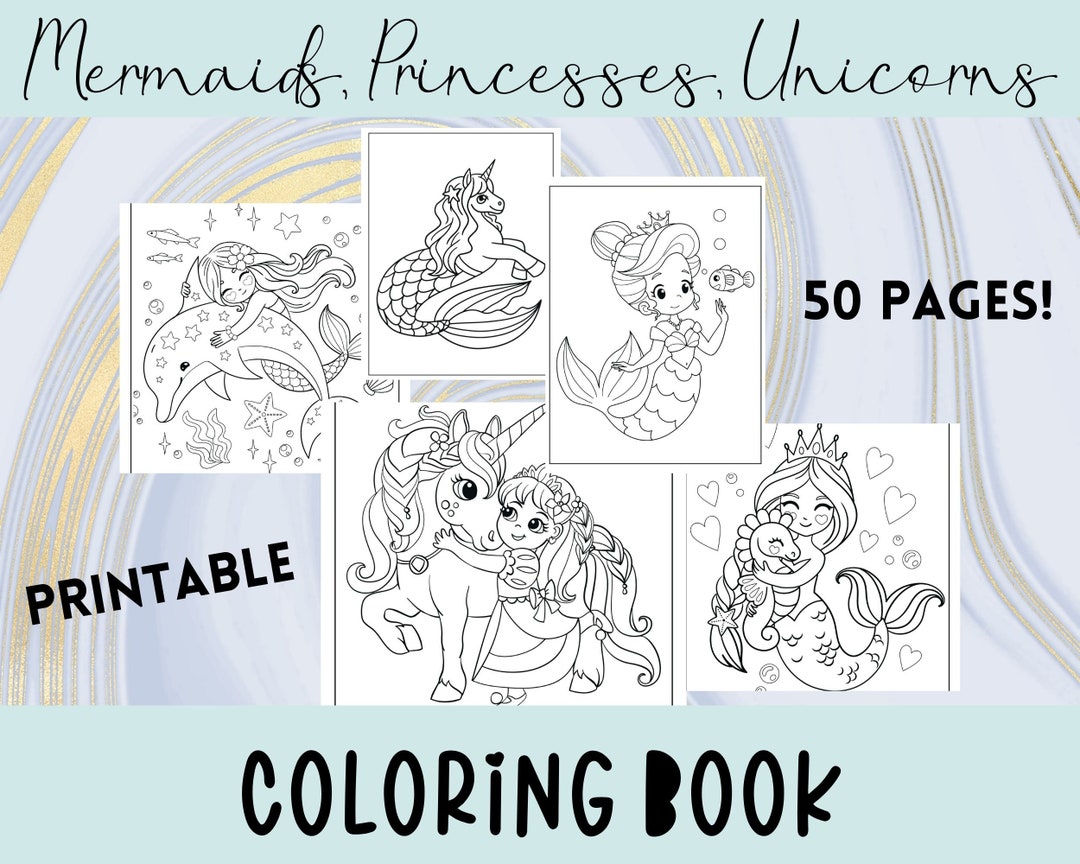 Mermaid Coloring Book Unicorn Coloring Book Princess Coloring Book 50 ...
