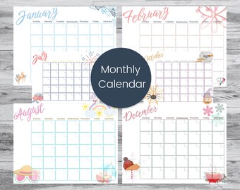 Monthly Calendar Printable Cute 12 Month Calendar Any Year Calendar ...