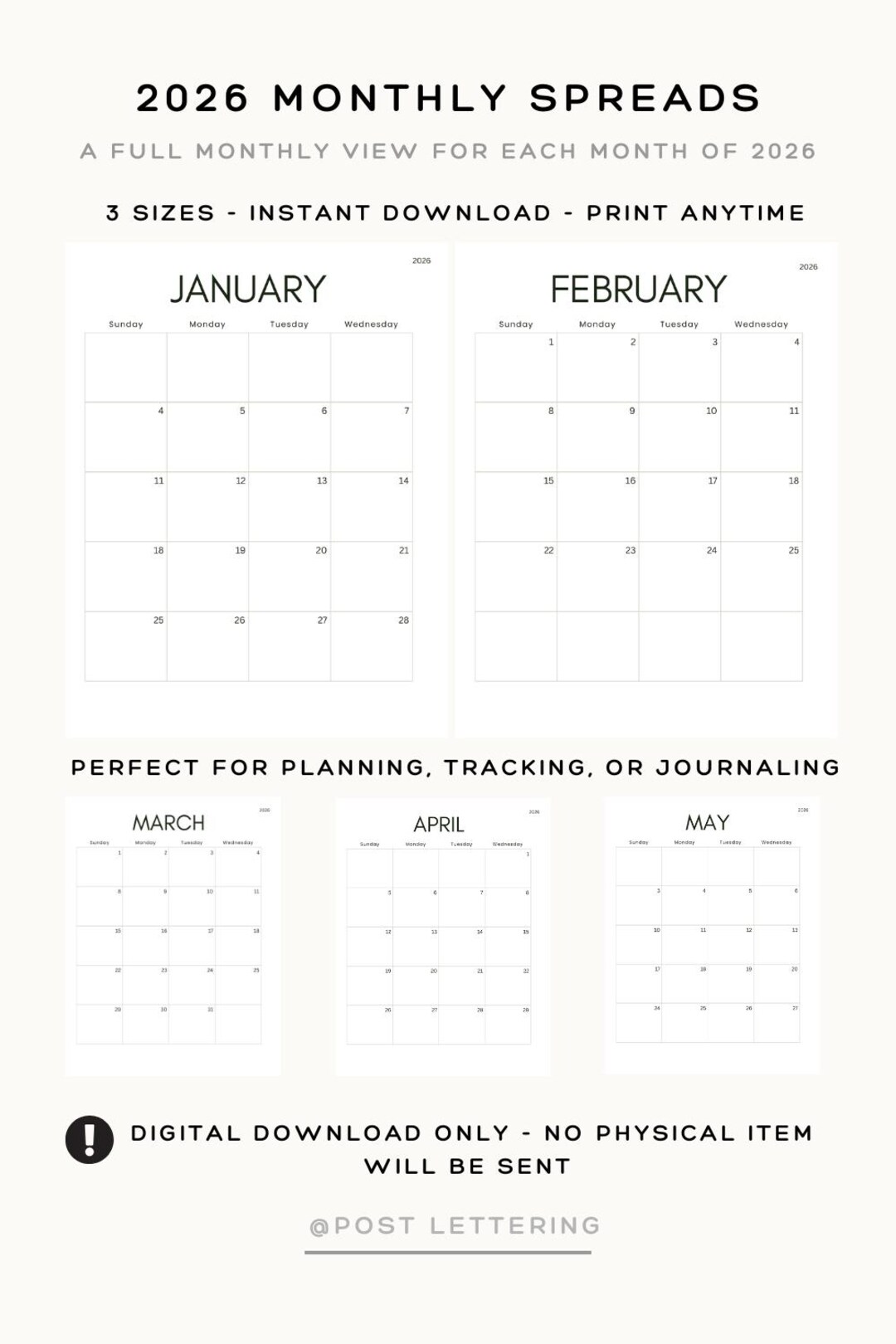 2026 Monthly Calendar Planner Printable | Minimalist Monthly Spreads ...