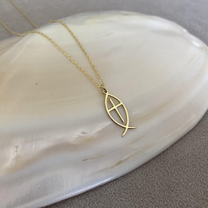 14K Solid Gold Jesus Fish Necklace: Christian Ichthys Cross Pendant - Etsy