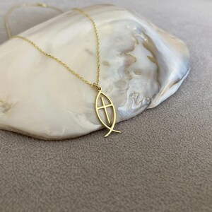 14K Solid Gold Jesus Fish Necklace: Christian Ichthys Cross Pendant - Etsy