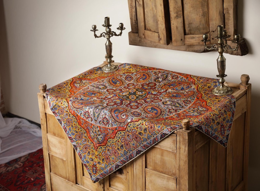 Yellow & Orange Persian Termeh Tablecloth Silk 100100cm Square Persian ...