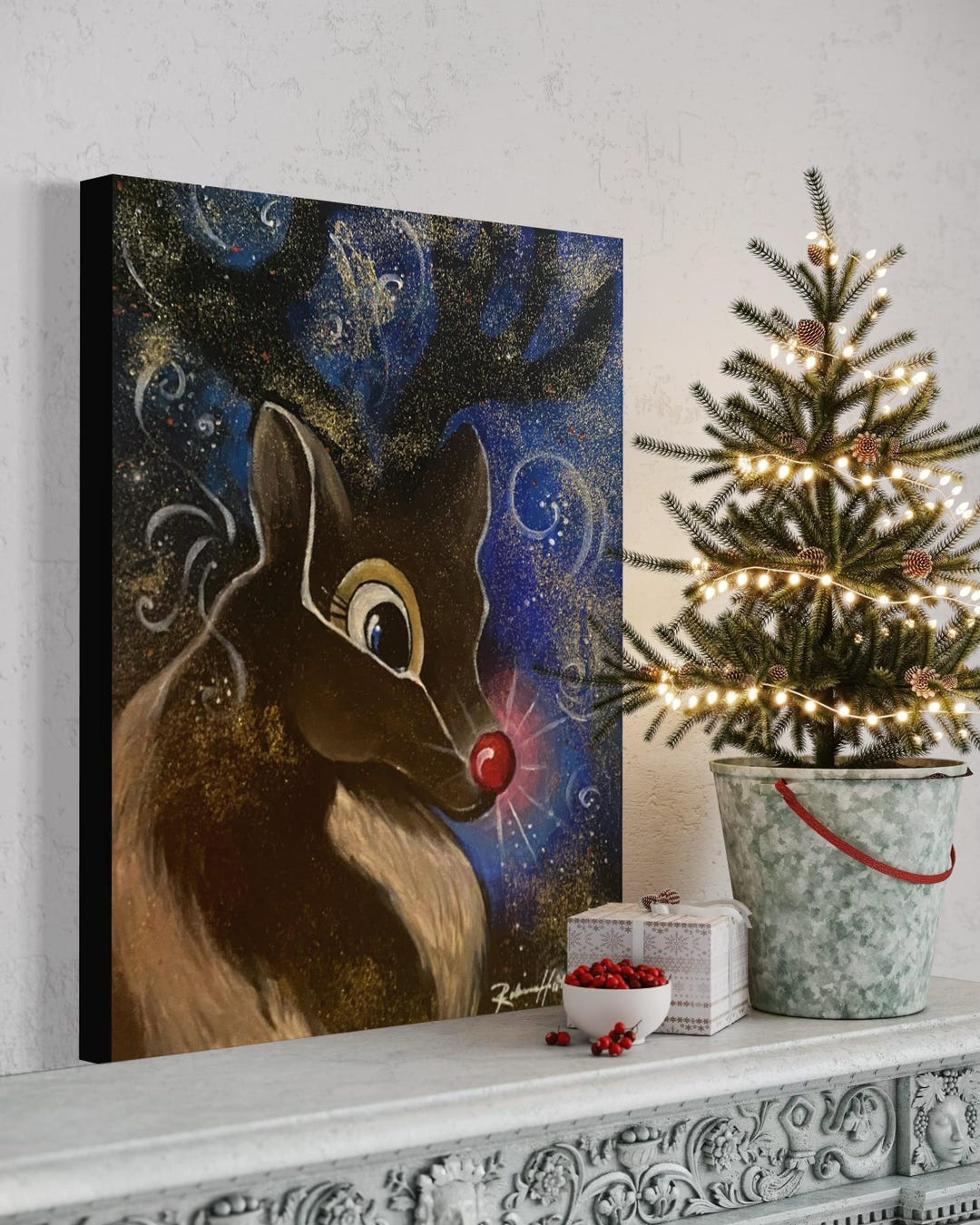 Hand-painted Rudolph Canvas, Glittery Christmas Art, 1950s Style ...