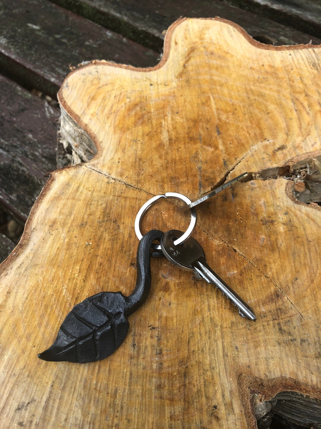 Hand Forged Simple Leaf Key Ring - Etsy