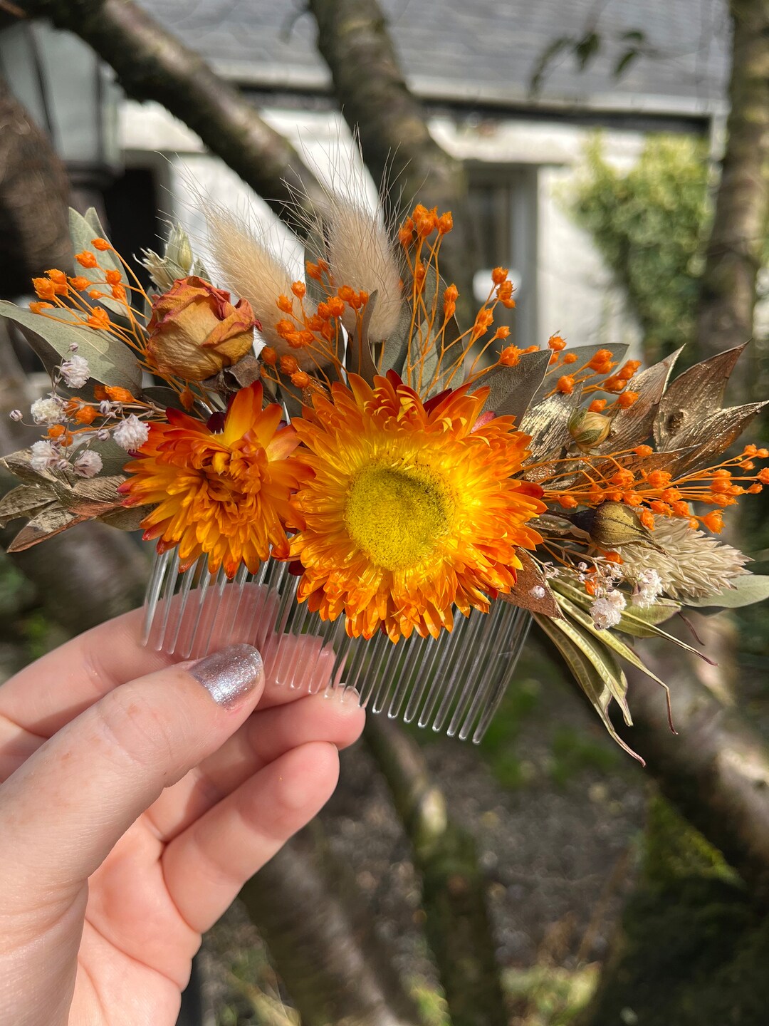 Burnt Orange and Yellow, Flower Comb, Comb, Floral Bridal Comb, Dried ...
