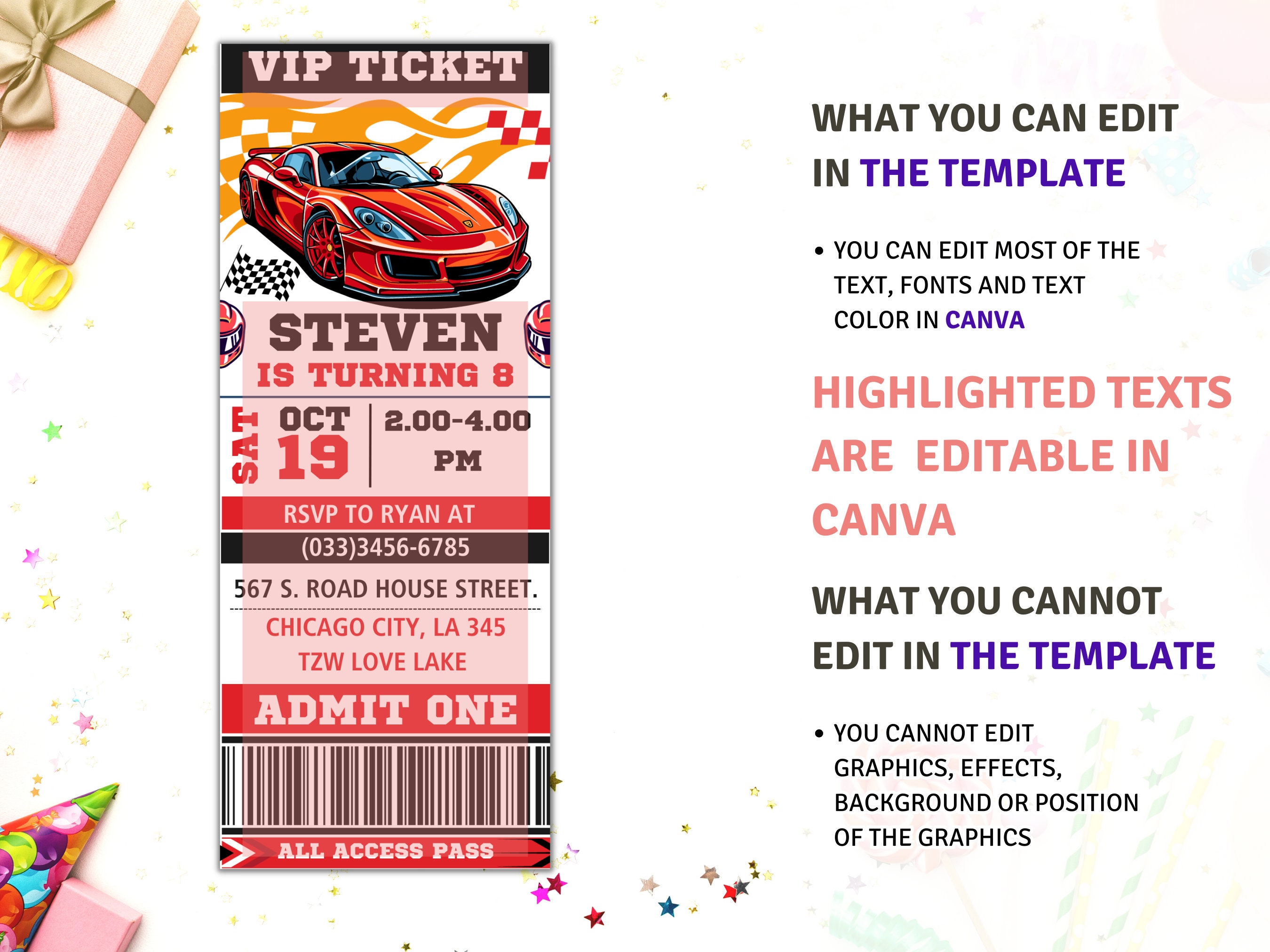 Editable Race Car Birthday Ticket Invitation Template - Etsy