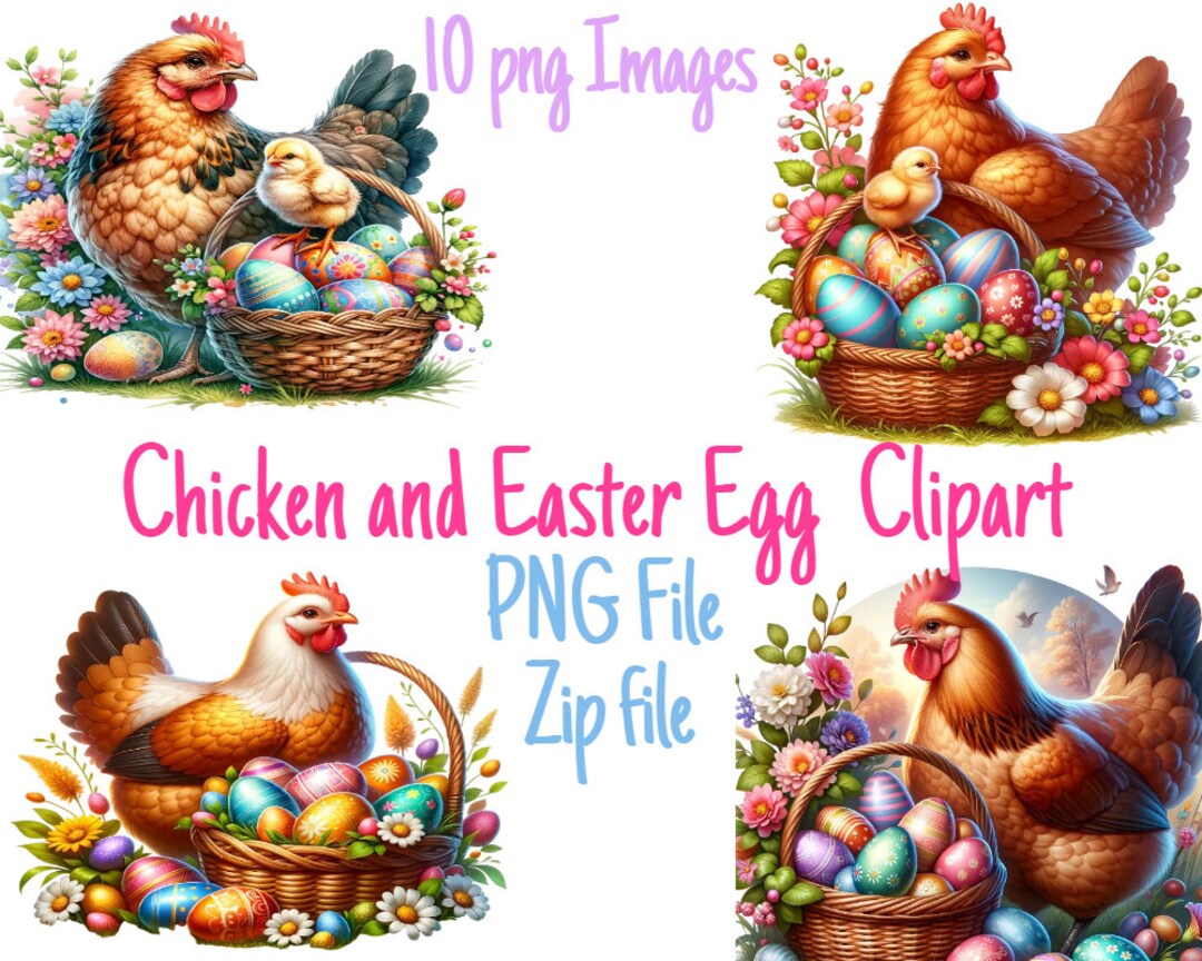 Chicken and Easter Egg Clipart With Flowers and Easter Basket/easter ...