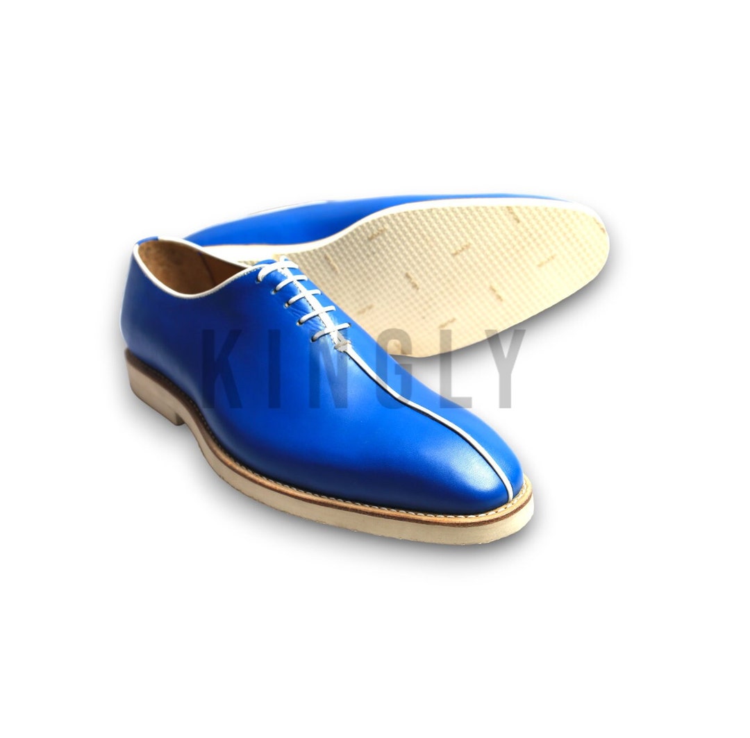 Handmade Blue Leather Whole Cut Oxford Crepe Sole Shoes - Etsy