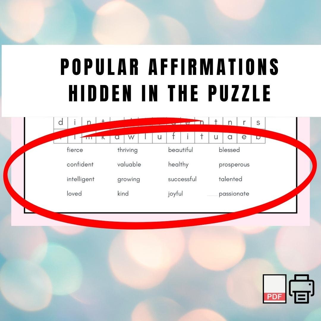 Word Search Puzzle, Positive Affirmations, Printable Activity Worksheet ...