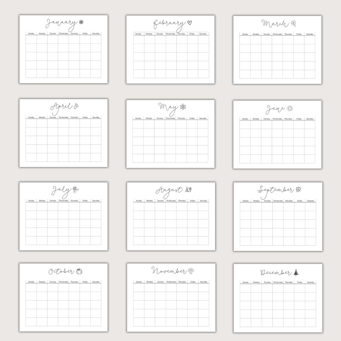 Printable Blank 12-month Calendar, Landscape 11 X 8.5" 12 Monthly Pages ...