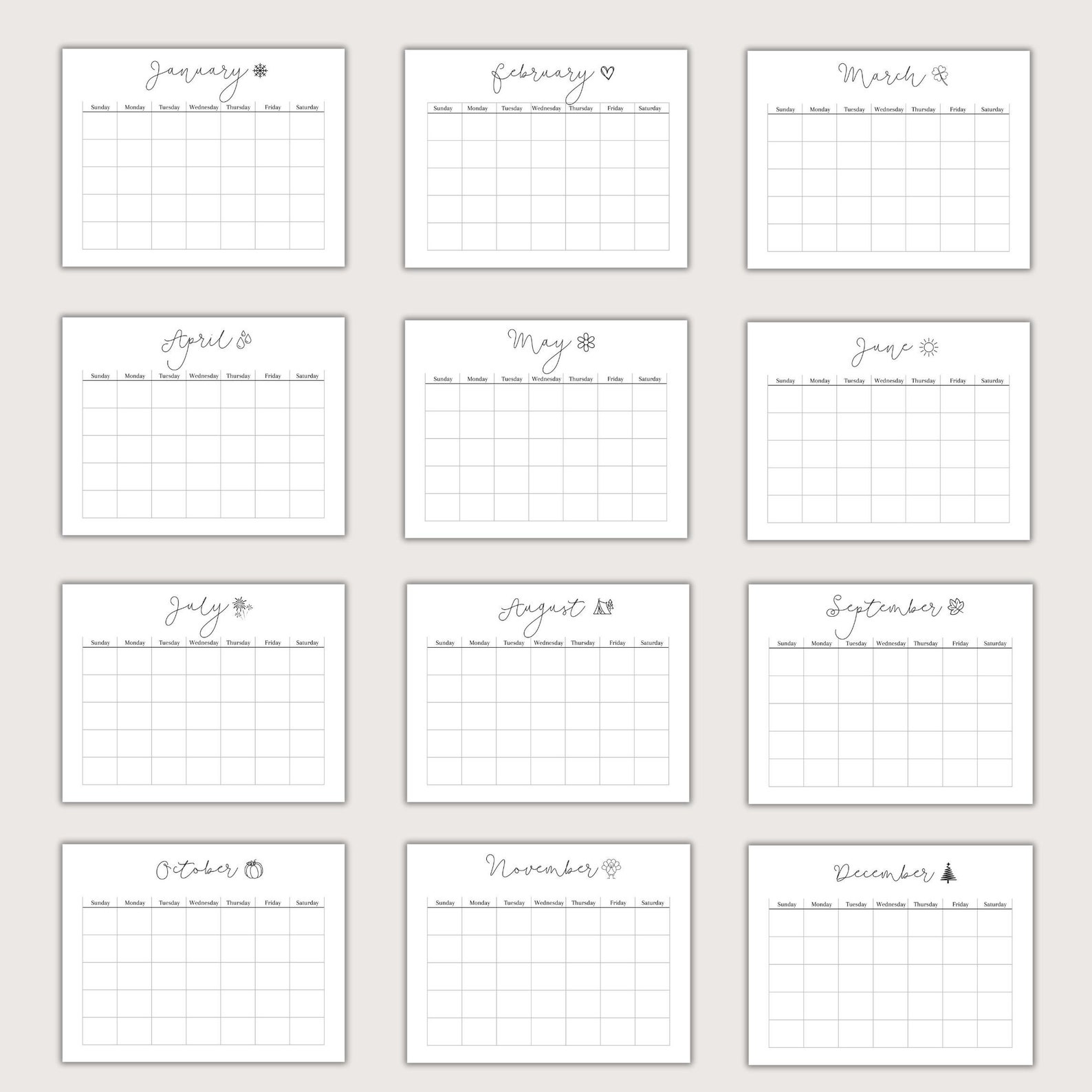 Printable Blank 12-month Calendar, Landscape 11 X 8.5" 12 Monthly Pages ...
