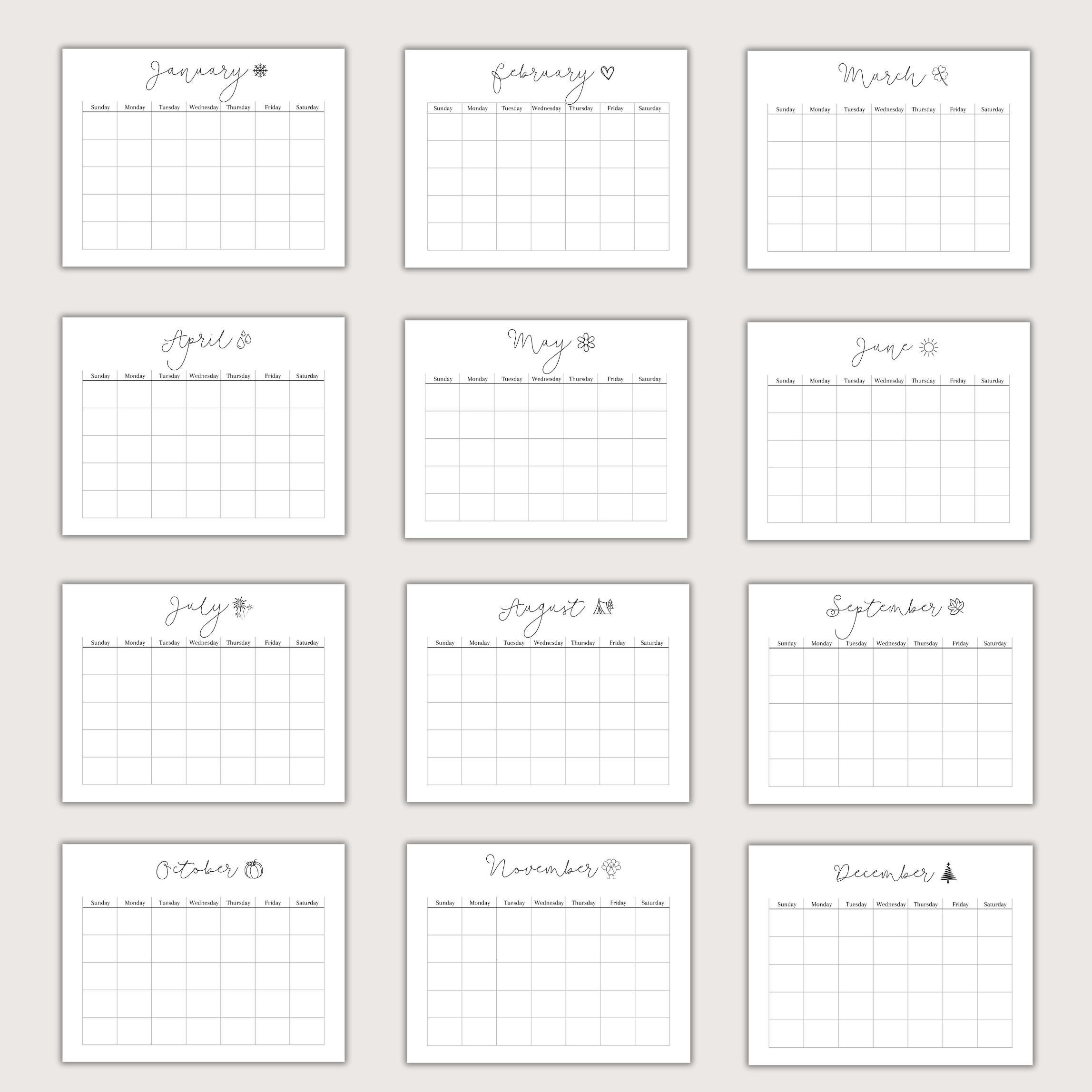 Printable Blank 12-month Calendar, Landscape 11 X 8.5" 12 Monthly Pages ...