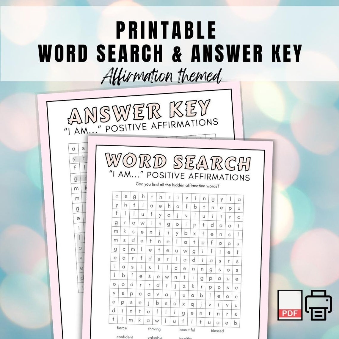 Word Search Puzzle, Positive Affirmations, Printable Activity Worksheet ...