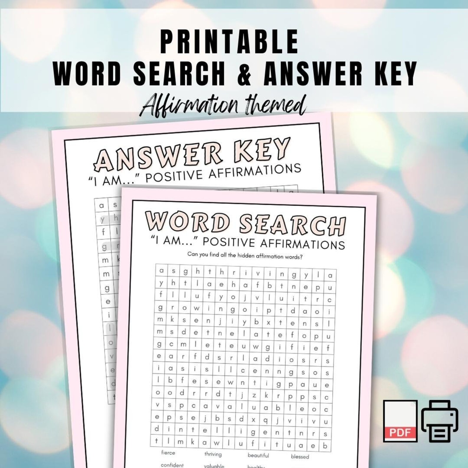 Word Search Puzzle, Positive Affirmations, Printable Activity Worksheet ...