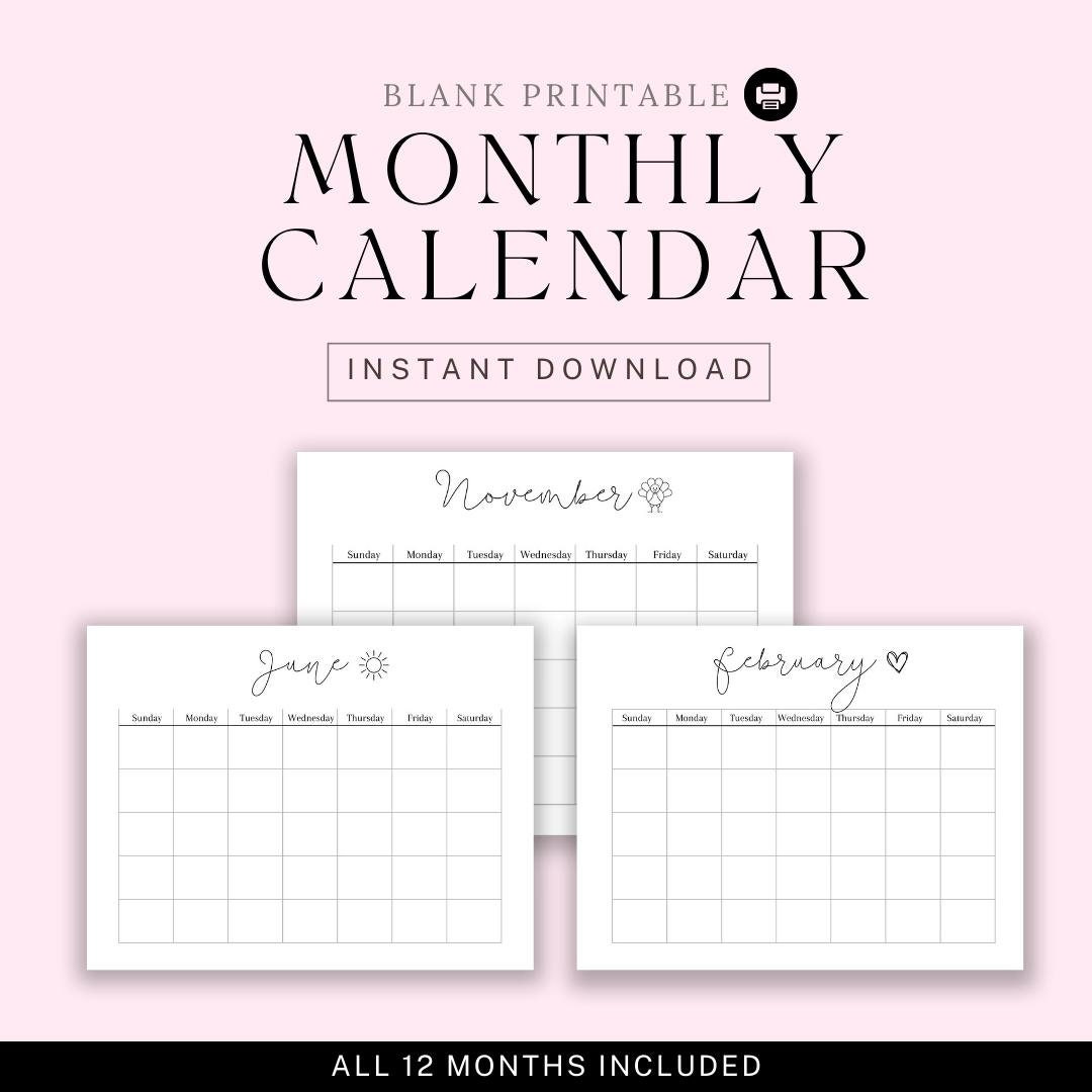 Printable Blank 12-month Calendar, Landscape 11 X 8.5" 12 Monthly Pages ...