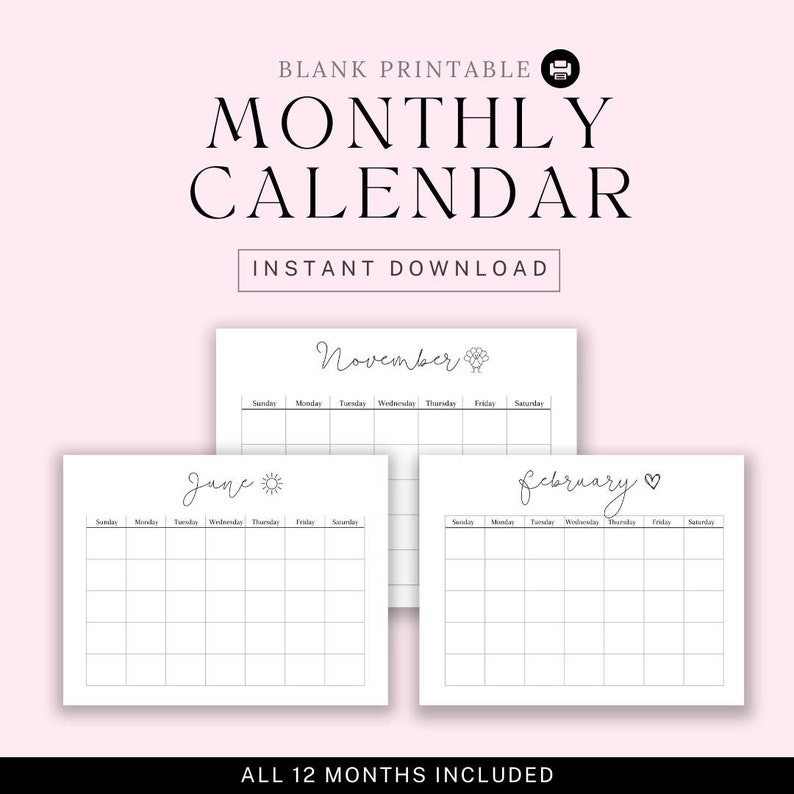 Printable Blank 12-month Calendar, Landscape 11 X 8.5" 12 Monthly Pages ...