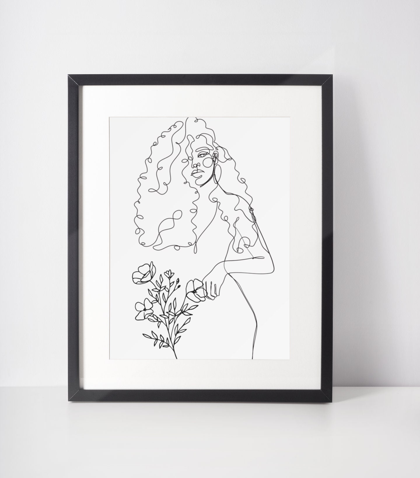 Curly Hair Woman Floral Line Art, Long Hair, Instant Download - Etsy