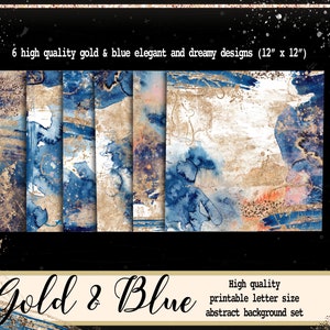 Gold and Blue Abstract Digital Paper Pack for Journaling, Scrapbooking ...