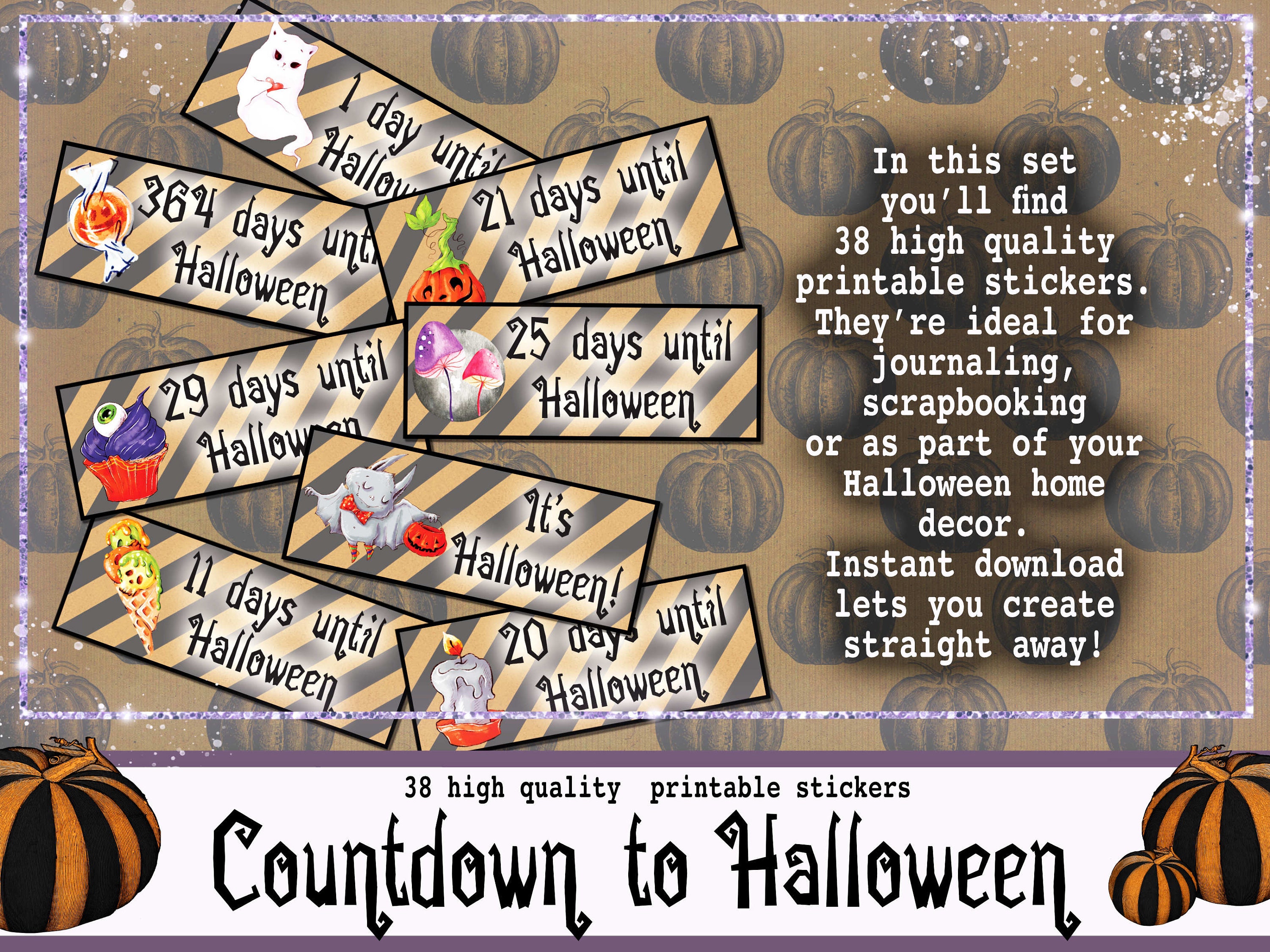 Cute Halloween Countdown Printable Sticker Pack, Digital Halloween ...