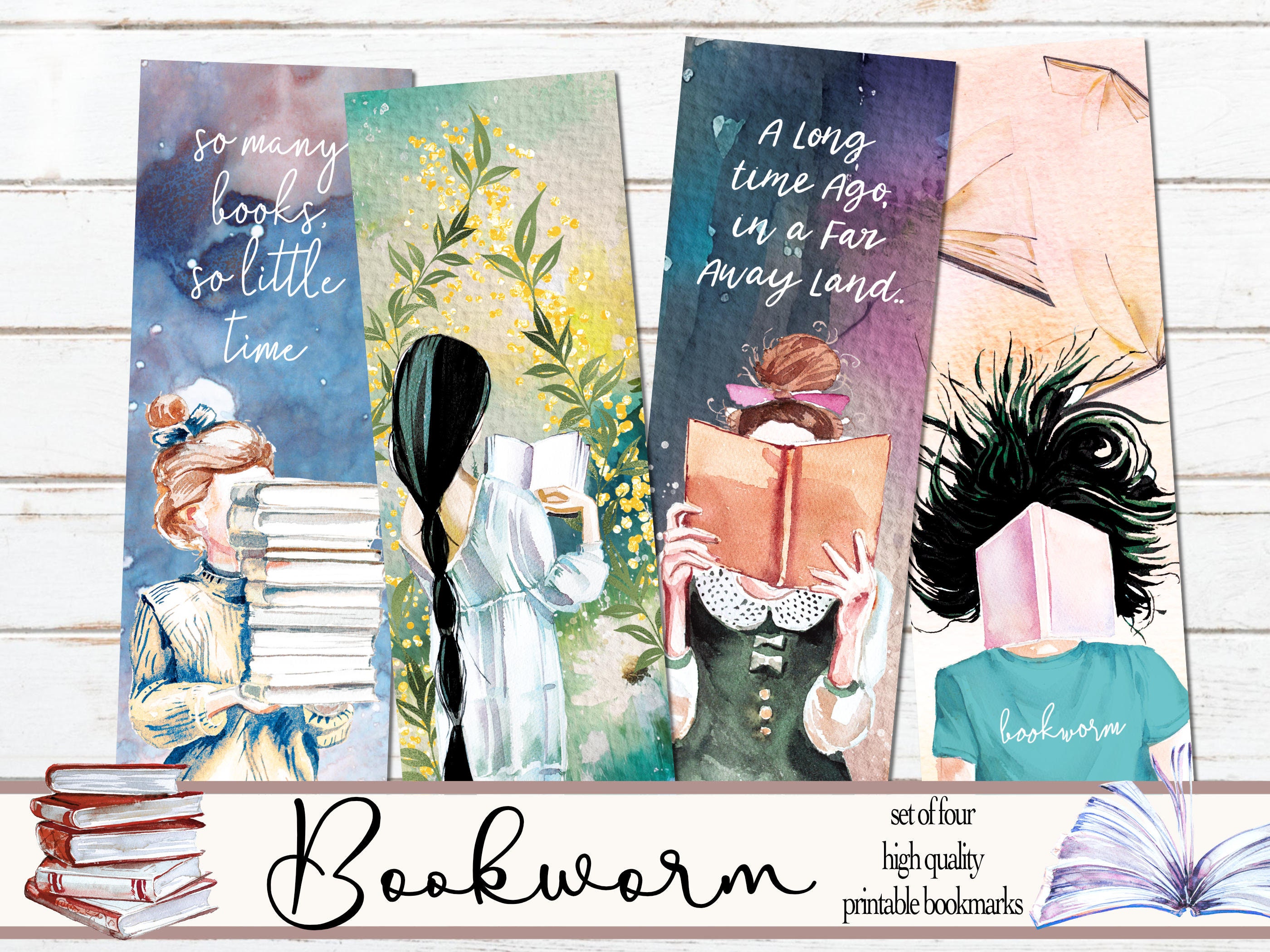 Printable Bookworm Bookmark Set, Cute Girly Digital Bookmark Bundle for ...