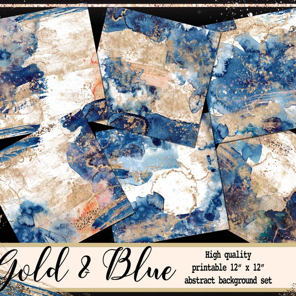 Gold and Blue Abstract Digital Paper Pack for Journaling, Scrapbooking ...