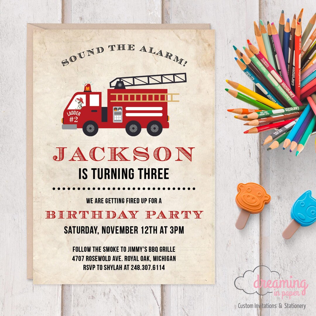 Fire Truck Fire Station Birthday Invites - Digital File or Print - Etsy