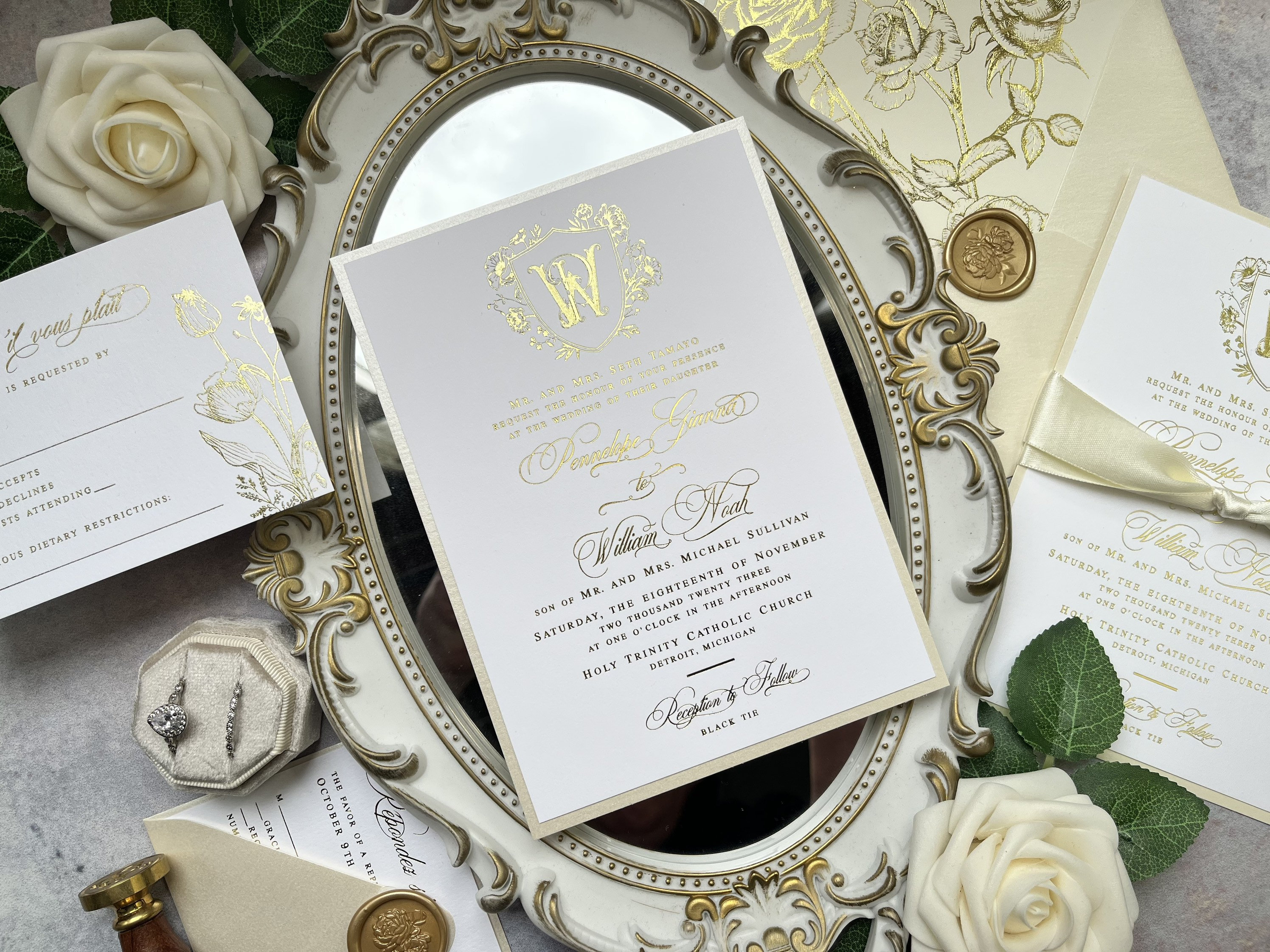 Sample Pack White, Ivory, and Gold Invitations With Monogram Crest ...