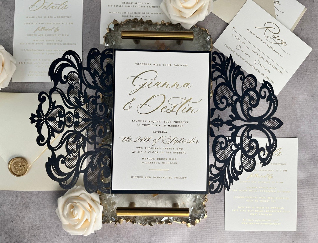 Sample Pack - Gold Foil Script Wedding Invitations With Black Lasercut ...