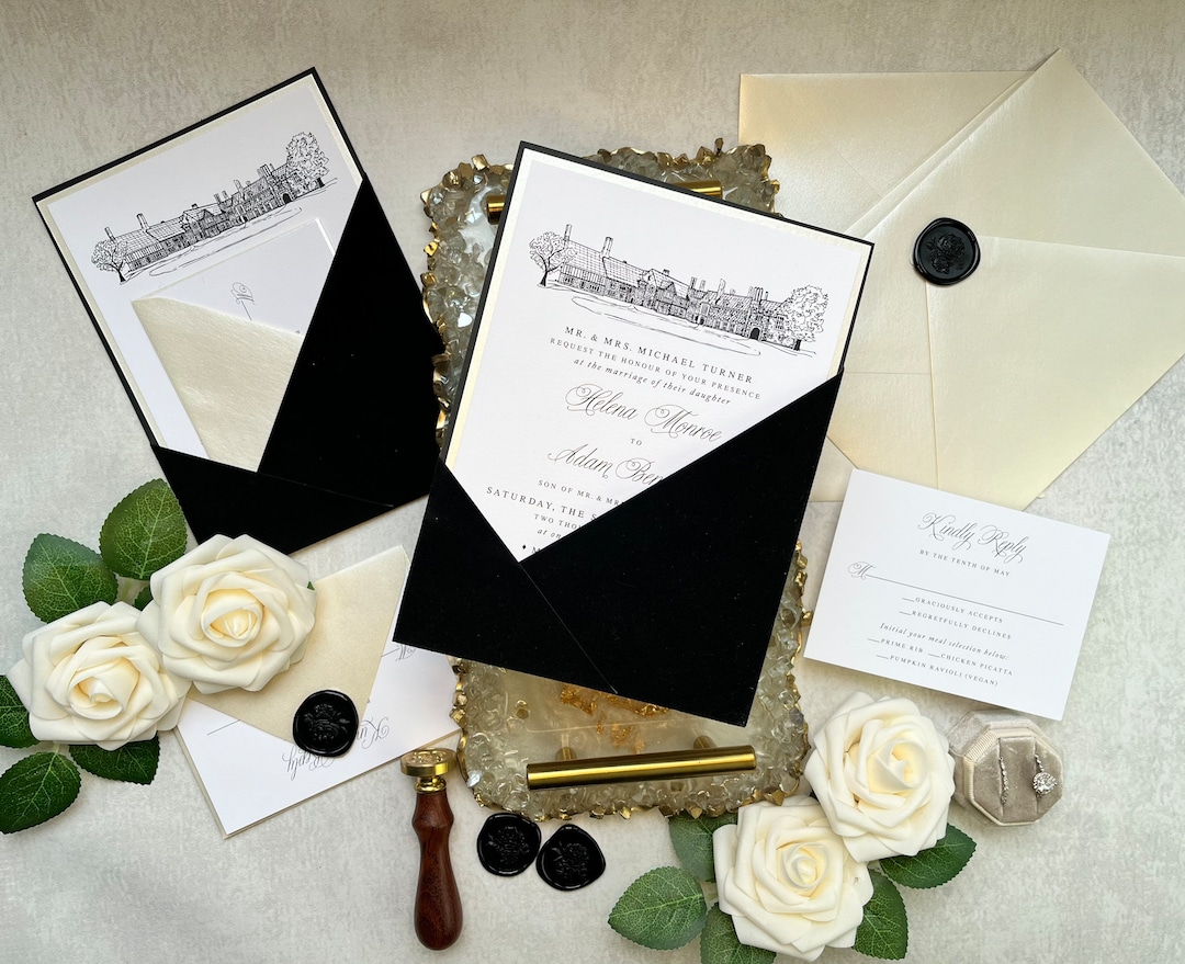 Black Velvet Wedding Invitation Sample: Venue Drawing, Cream Envelopes ...