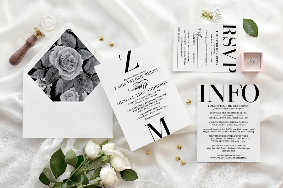 Modern Initials Wedding Invitations: Black & White Template (digital ...