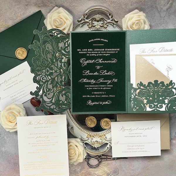 Emerald Green and Gold Wedding Pocket Invitations - Etsy