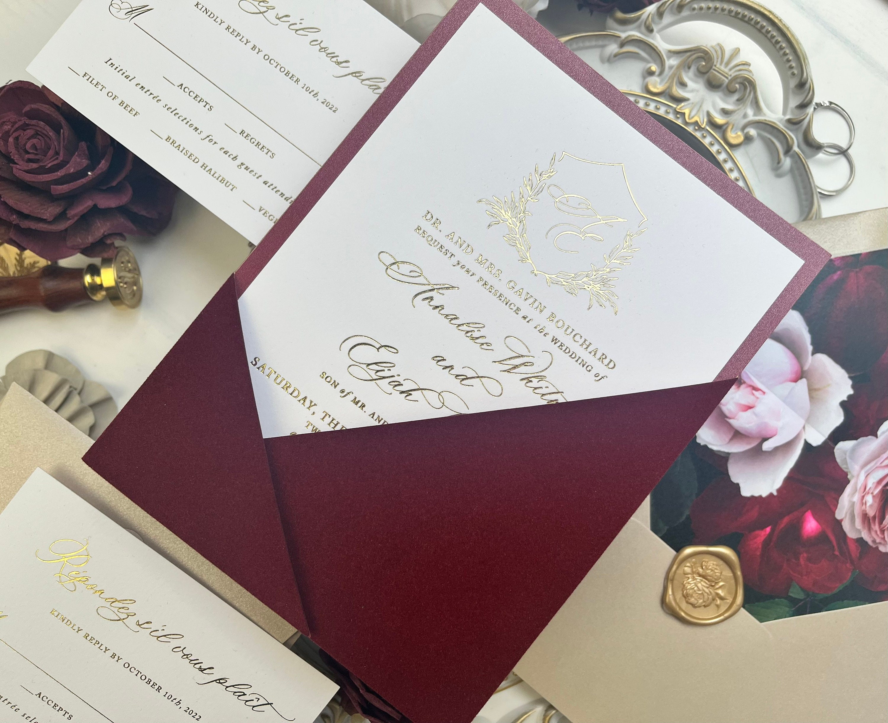 Sample Pack Burgundy Velvet Angled Pocket Gold Foil Wedding - Etsy