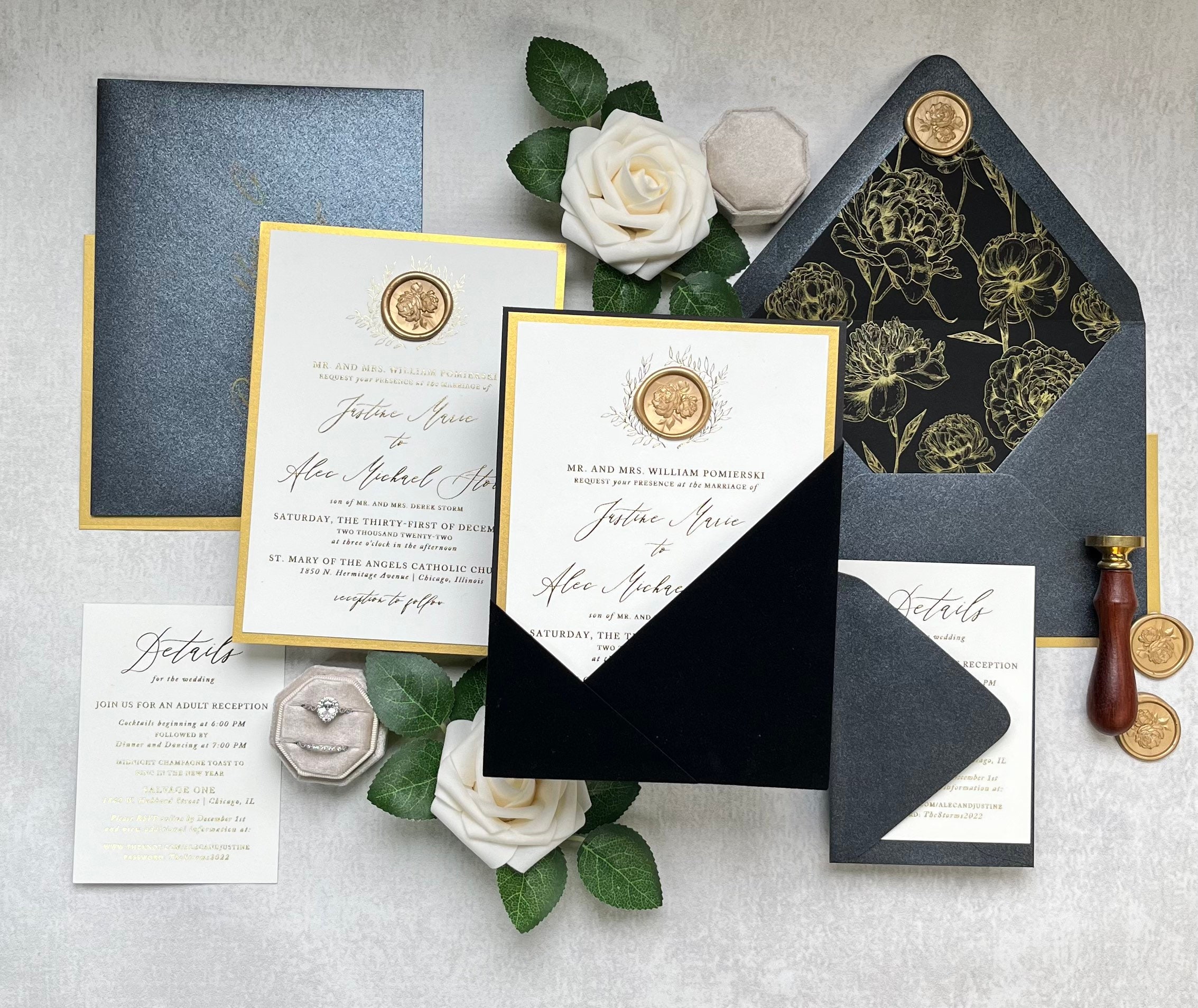 Sample Pack - Black Velvet Angled Pocket Gold Foil Botanical Wedding ...