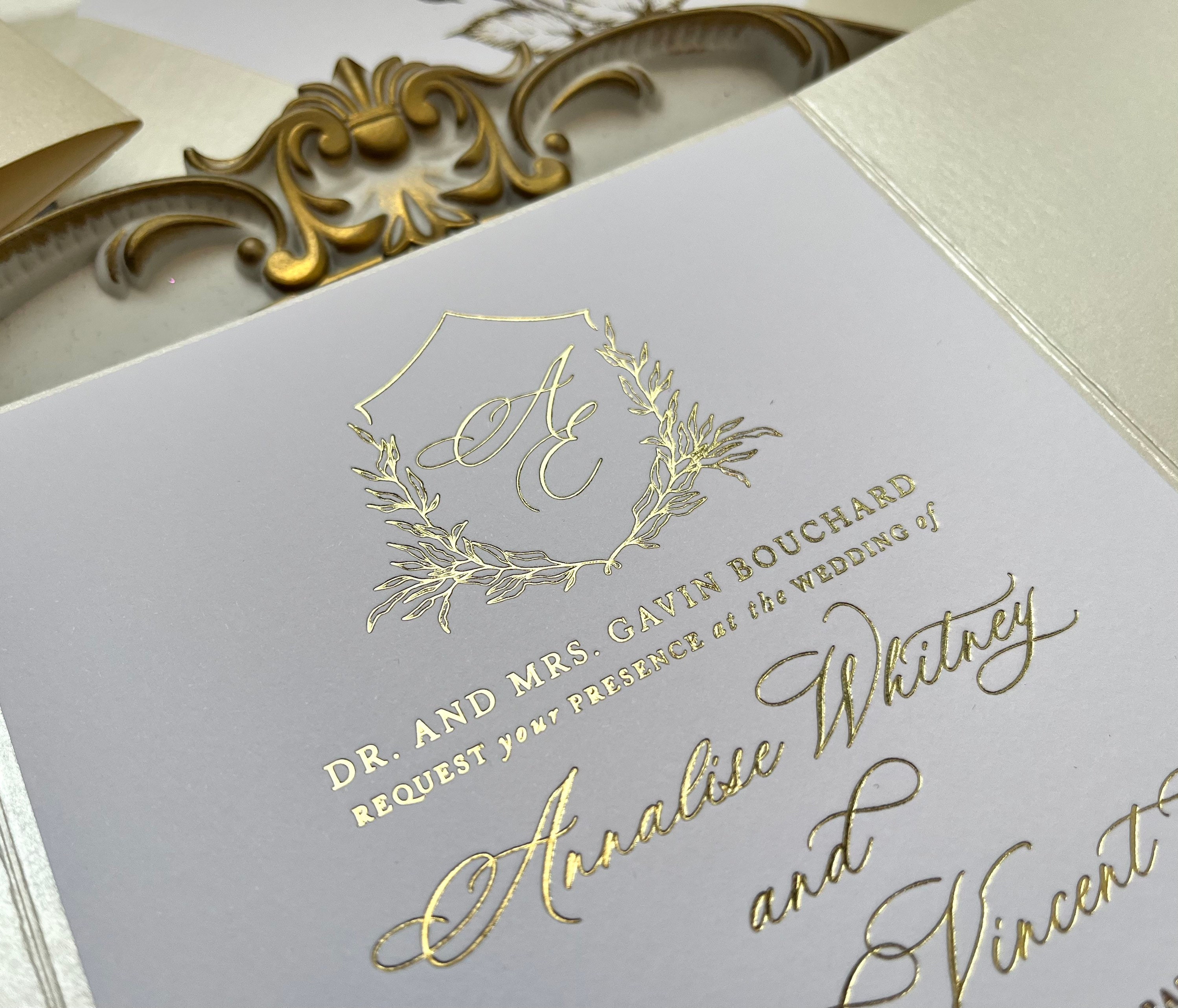 Sample Pack Elegant Botanical Crest Ivory and Gold Foil Gatefold Wedding Invitations - Etsy
