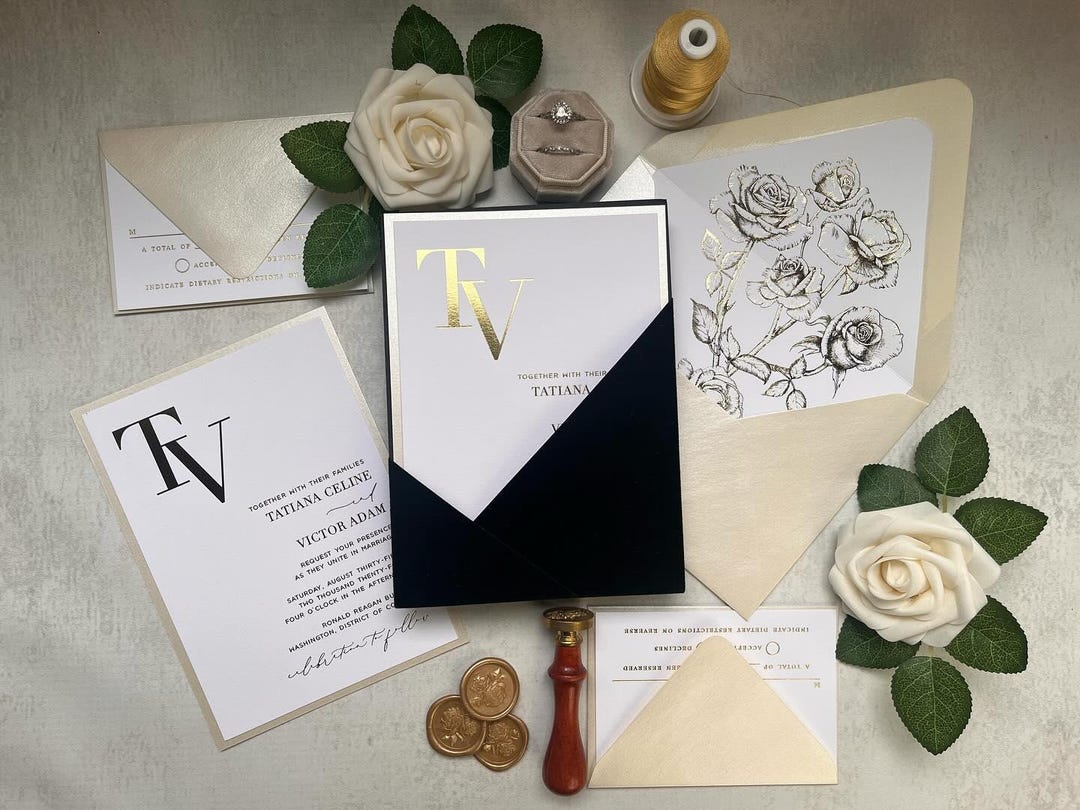 Modern Initial Wedding Invitation Sample: Gold, Black Velvet Pocket - Etsy